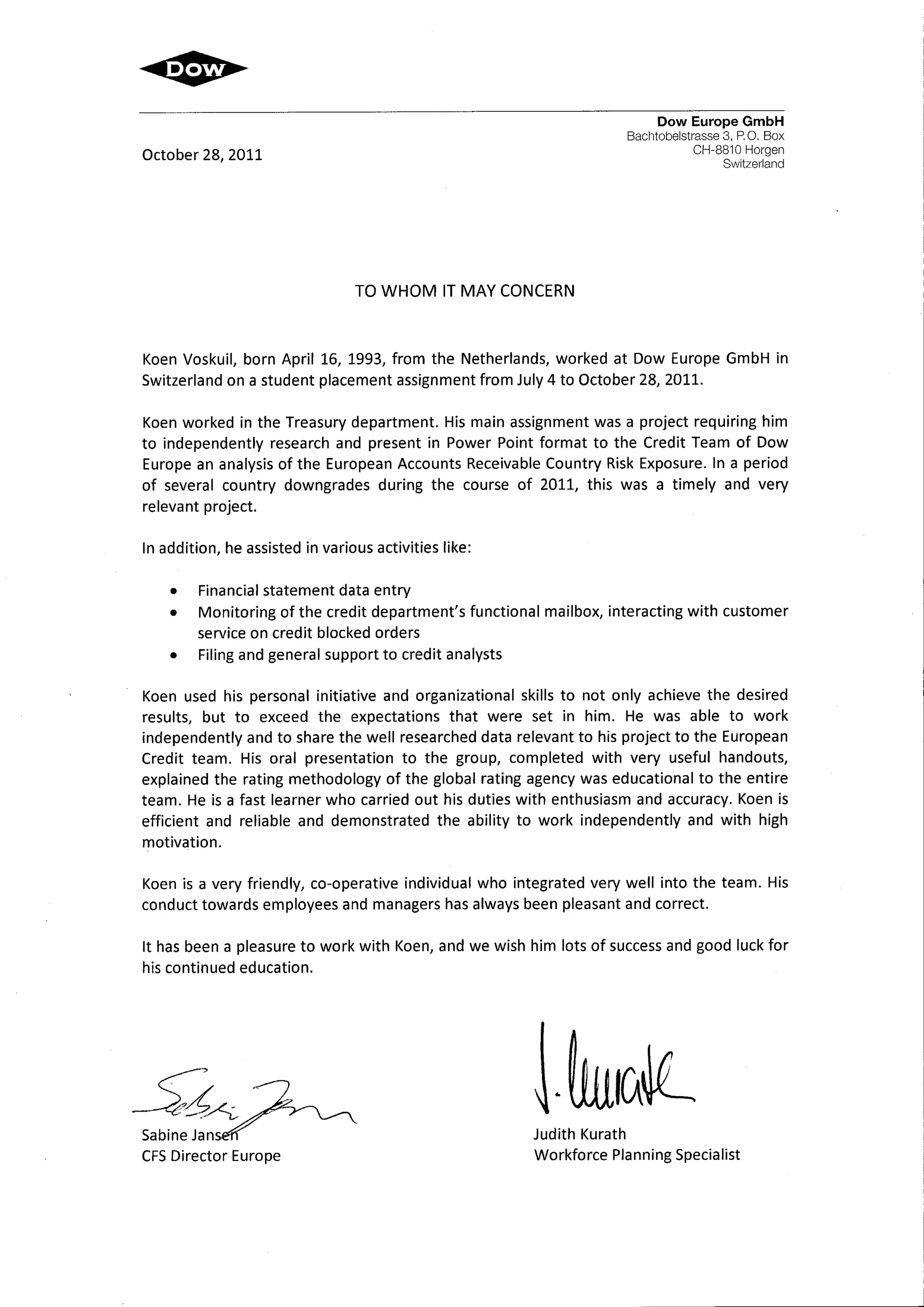 Koen Reference Letter DOW | PDF