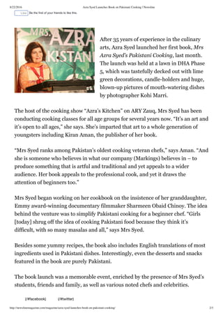 Azra Syed Launches Book on Pakistani Cooking _ Newsline | PDF | Cooking | Food & Drink