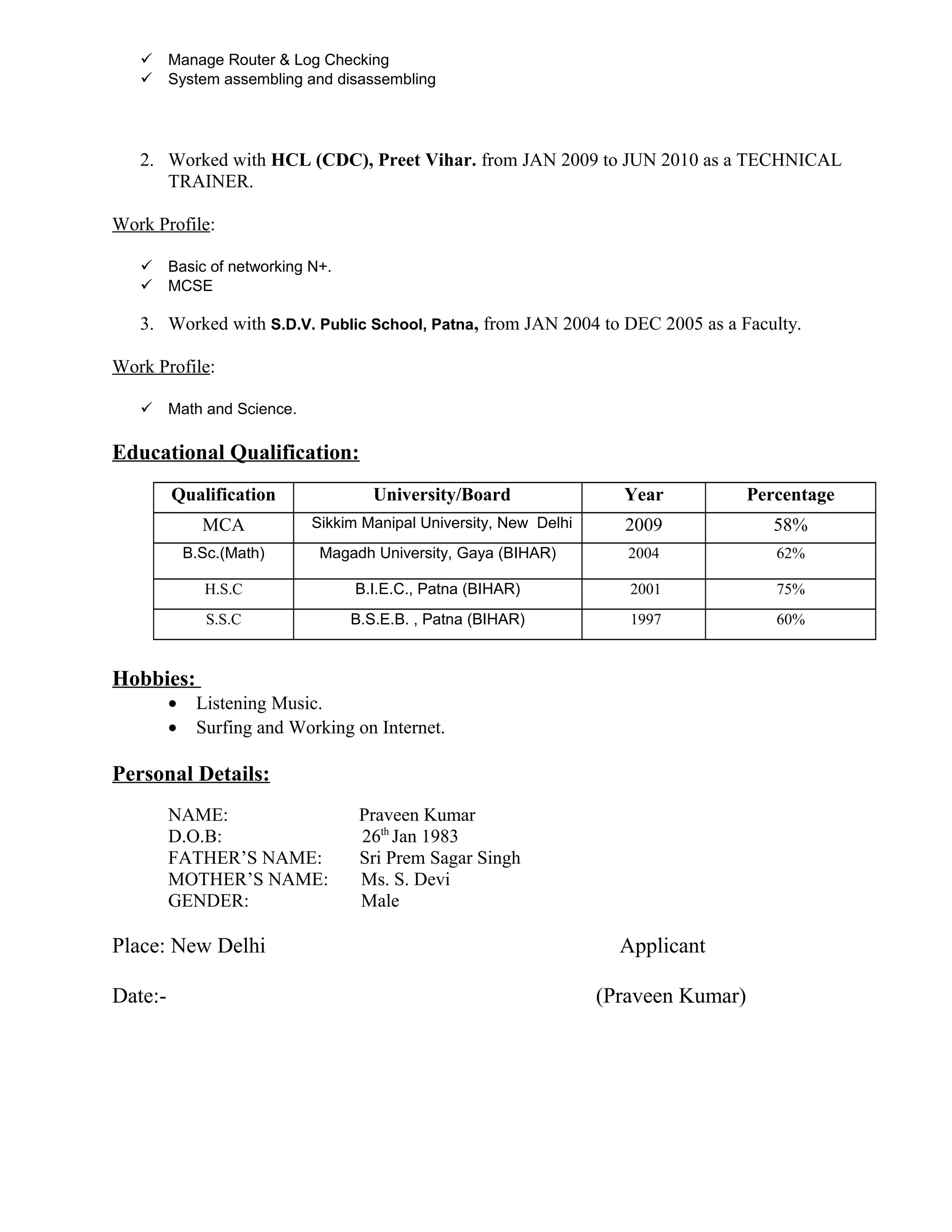 Praveen Resume | DOC | Computer Networking | Computing