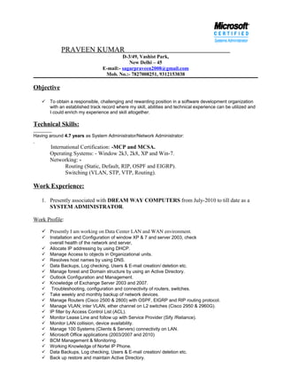 Praveen Resume | DOC | Computer Networking | Computing