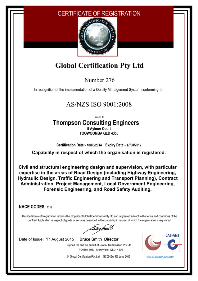 Thompson Consulting Engineers certificate aug 2015 | PDF
