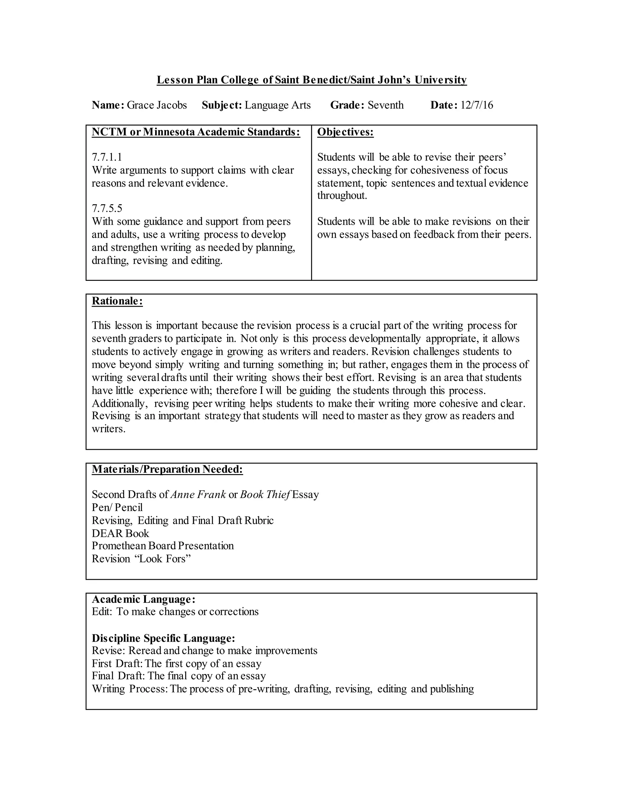 Unit Plan Lesson- Revising | PDF