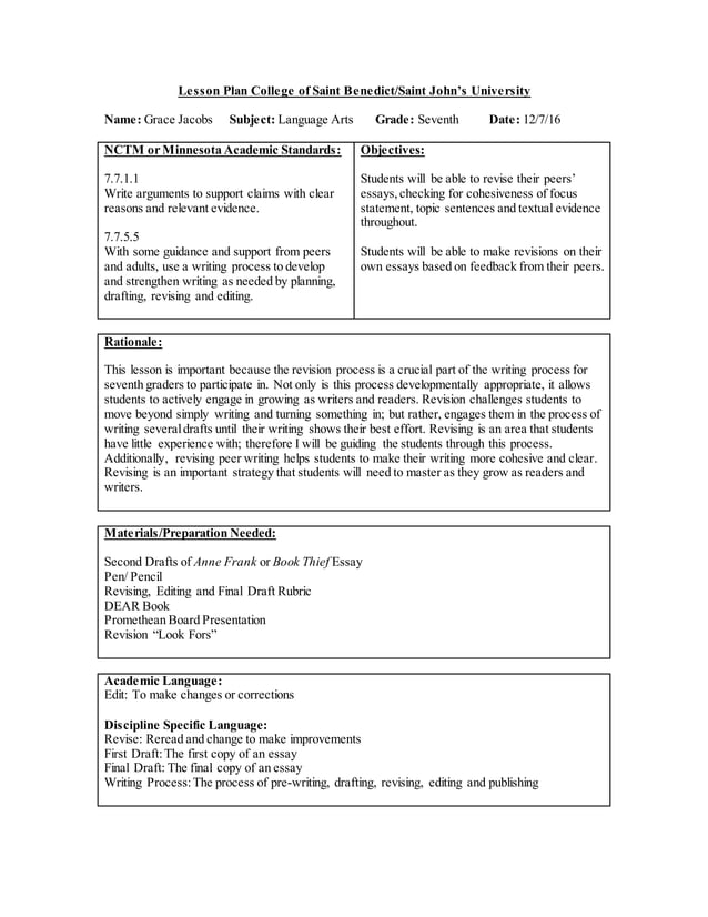 Unit Plan Lesson- Revising | PDF