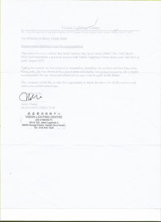 Vision Lighting Centre Recommendation Letter | PDF