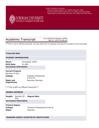 Griffin, C. Unofficial Transcript Fordham University | PDF