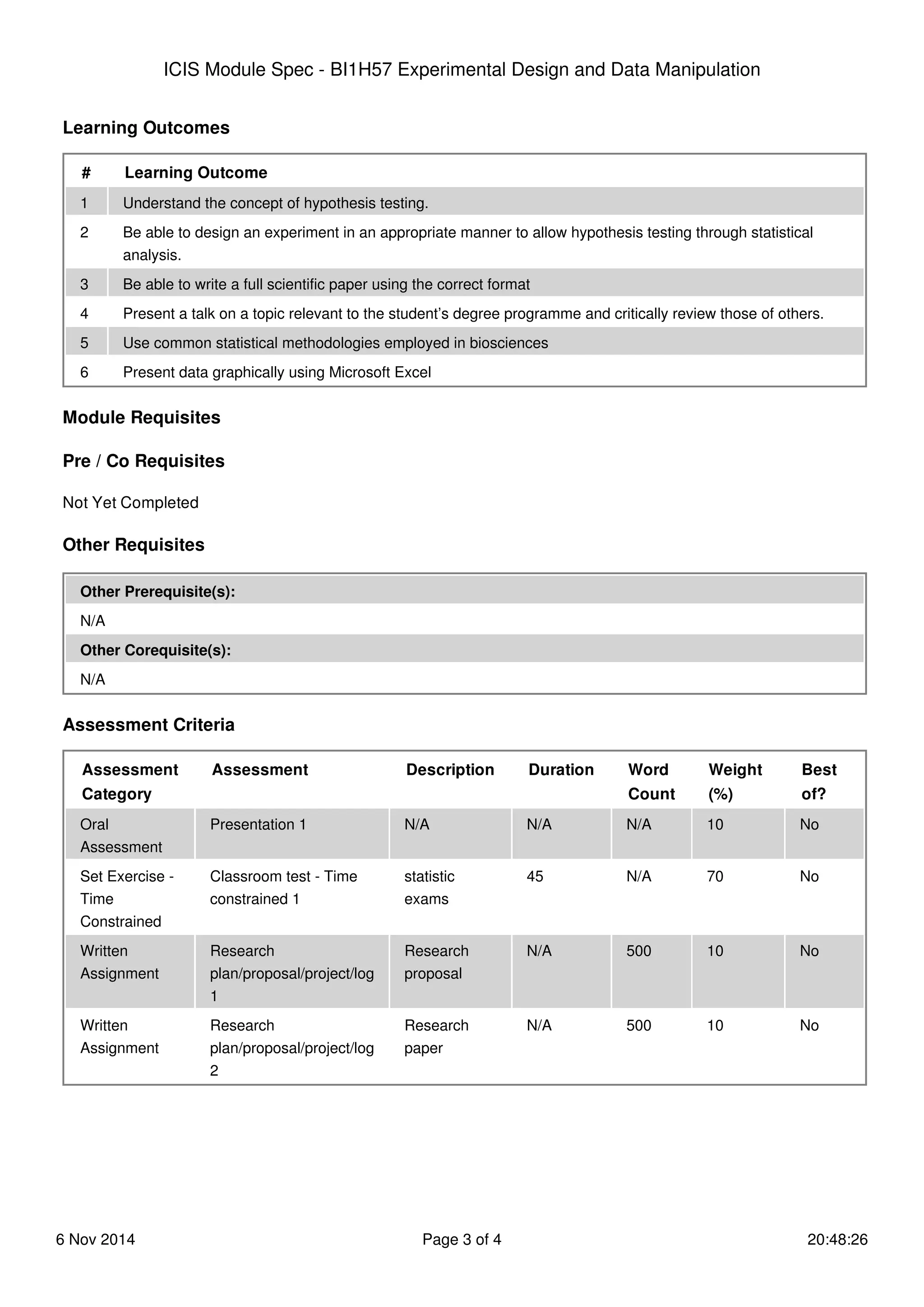 ICIS Module Spec - BI1H57 Experimental Design and Data Manipulation | PDF