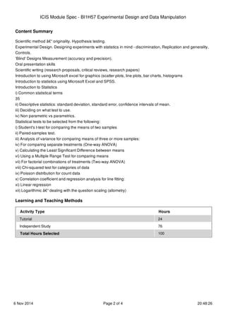 ICIS Module Spec - BI1H57 Experimental Design and Data Manipulation | PDF