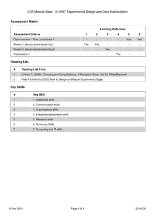 ICIS Module Spec - BI1H57 Experimental Design and Data Manipulation | PDF