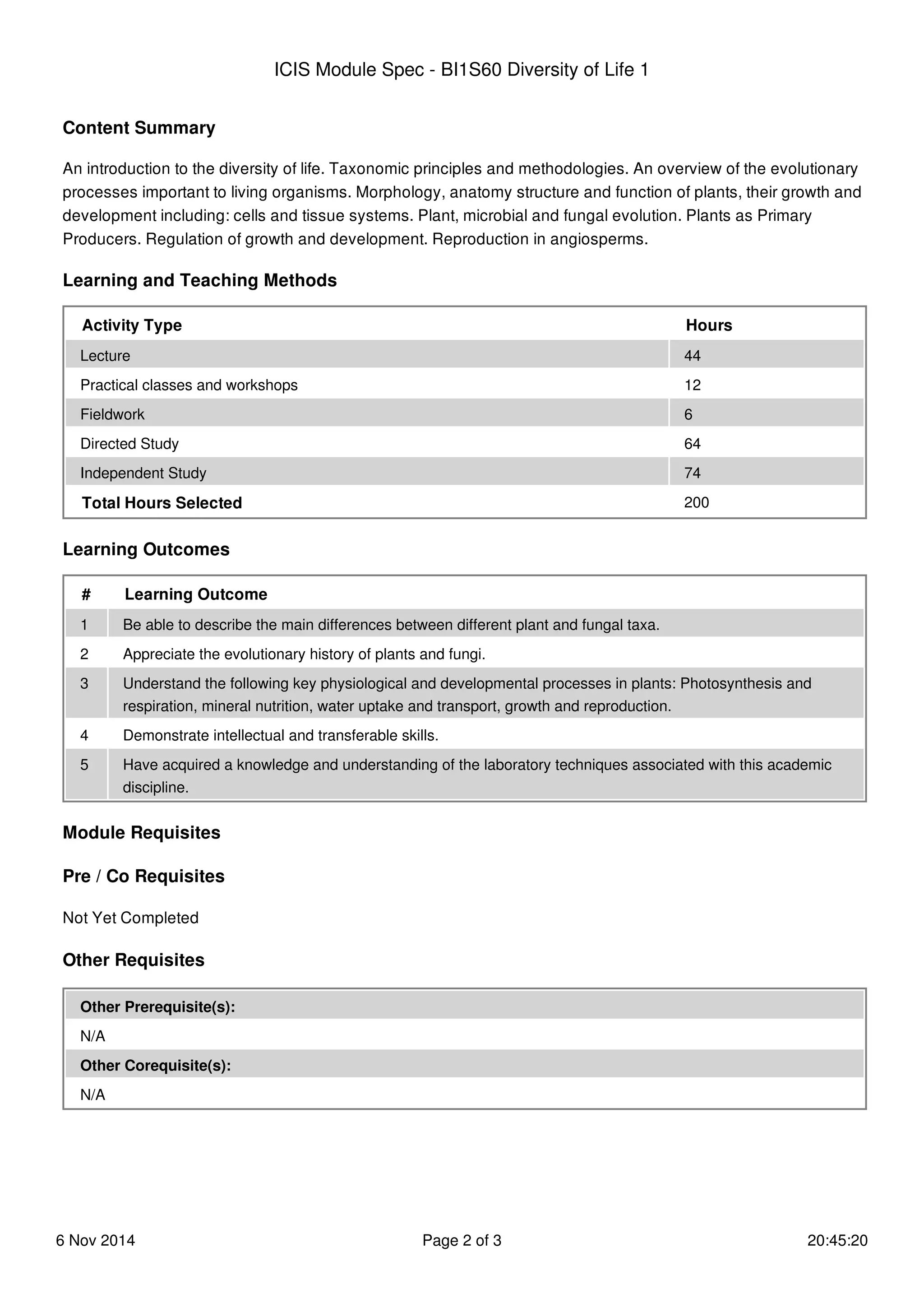 ICIS Module Spec - BI1S60 Diversity of Life 1 | PDF