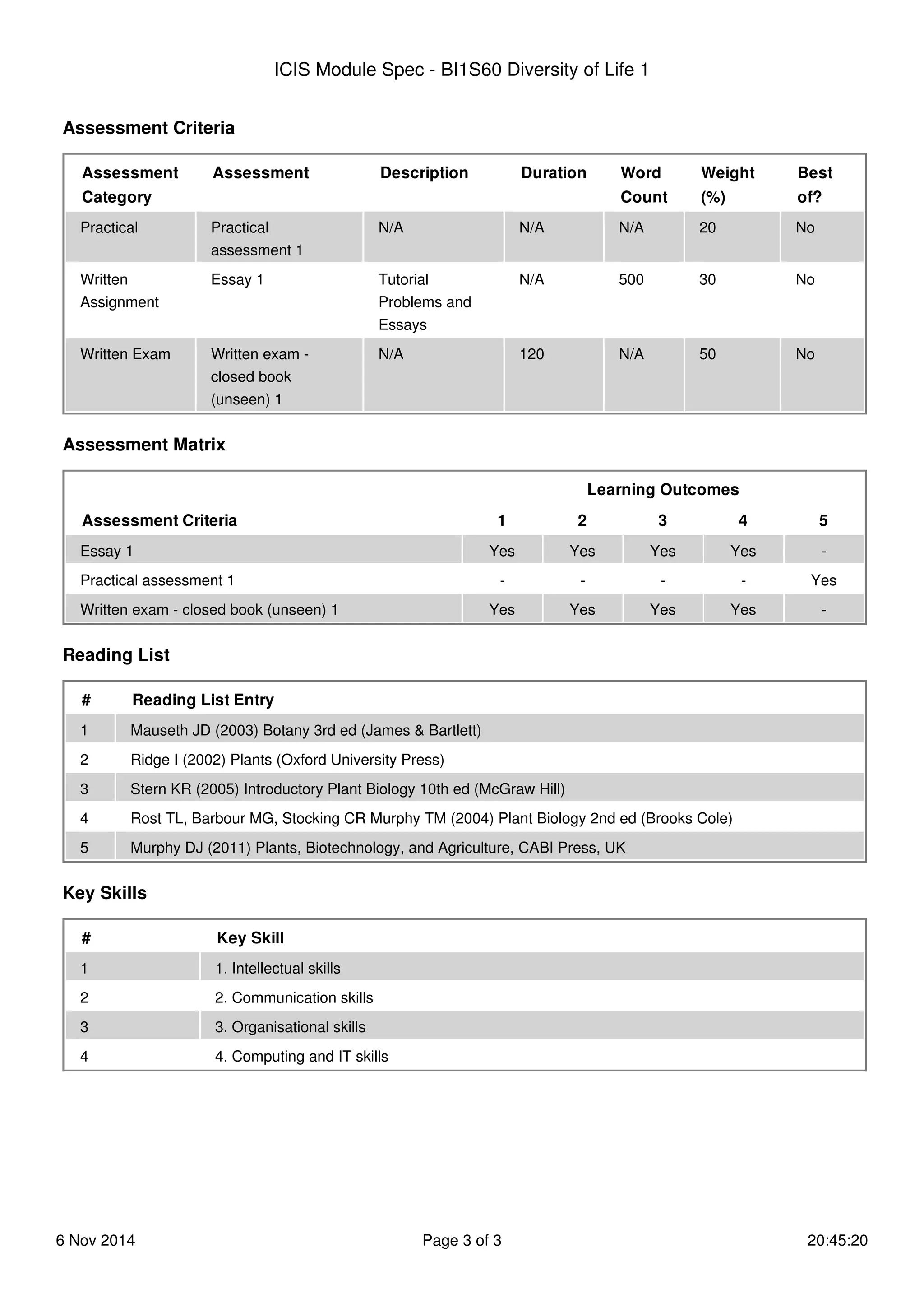 ICIS Module Spec - BI1S60 Diversity of Life 1 | PDF