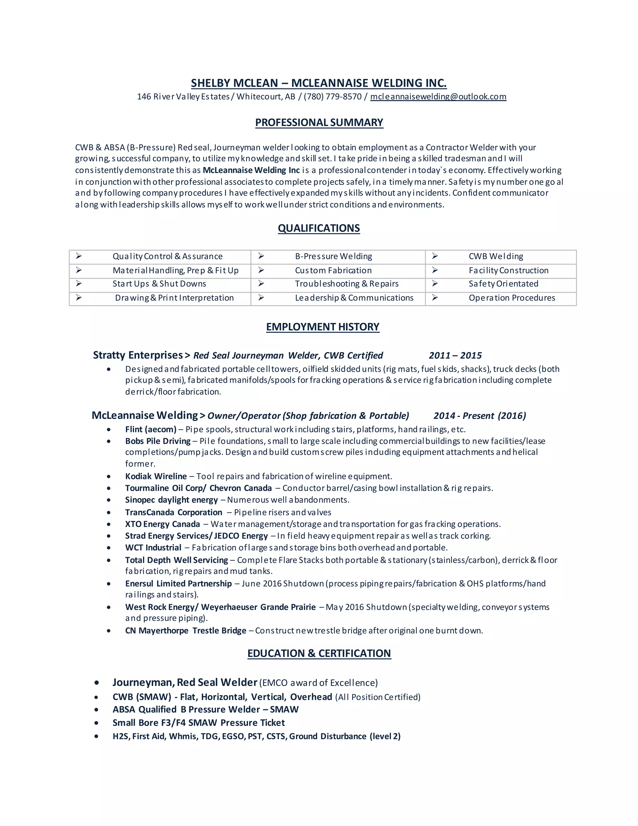 RESUME (Welder-McLeannaise Welding) | DOCX