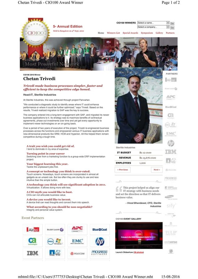 Chetan Trivedi - CIO100 | PDF