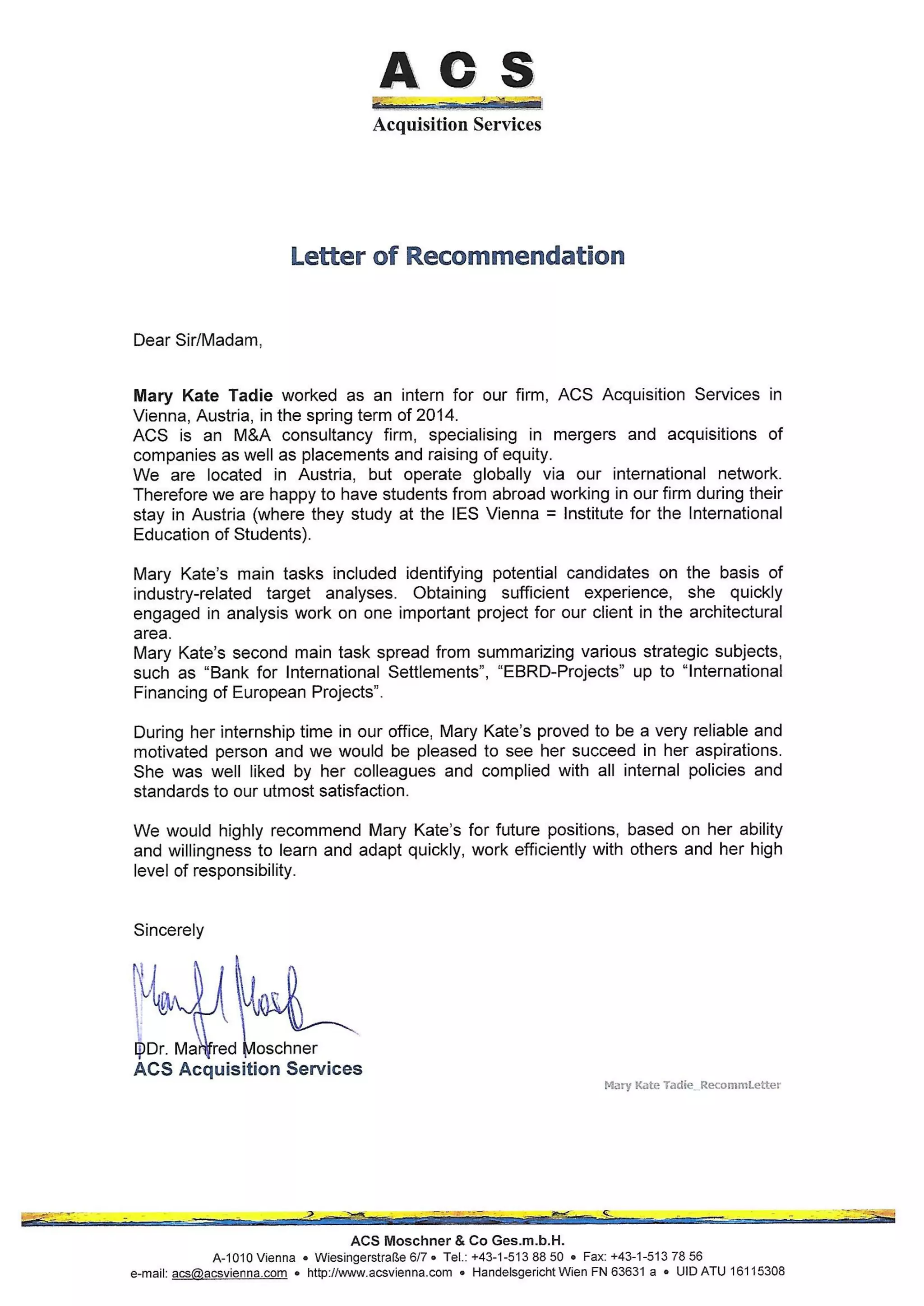 ACS Recommendation Letter for Mary Kate Tadie | PDF | Free Download