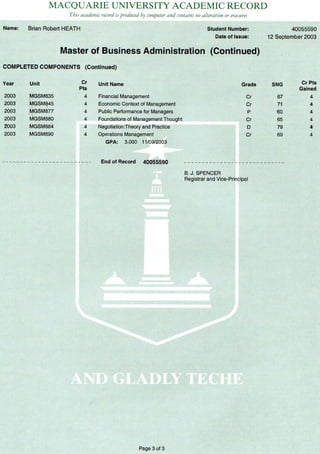 MBA Academic Transcript 2003 Macq BRHeath | PDF