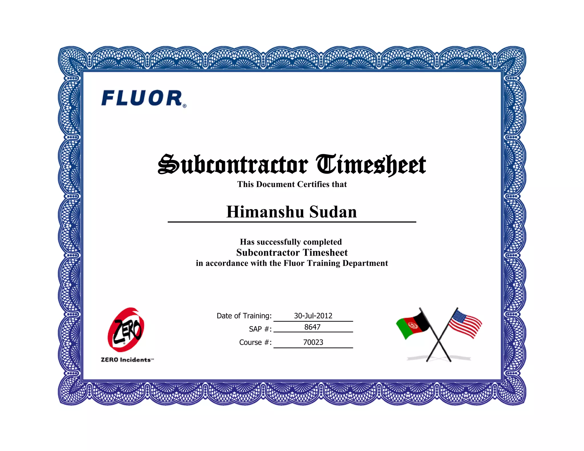 CBT Certificate of Completion - Subcontractor Timesheet Training | PDF