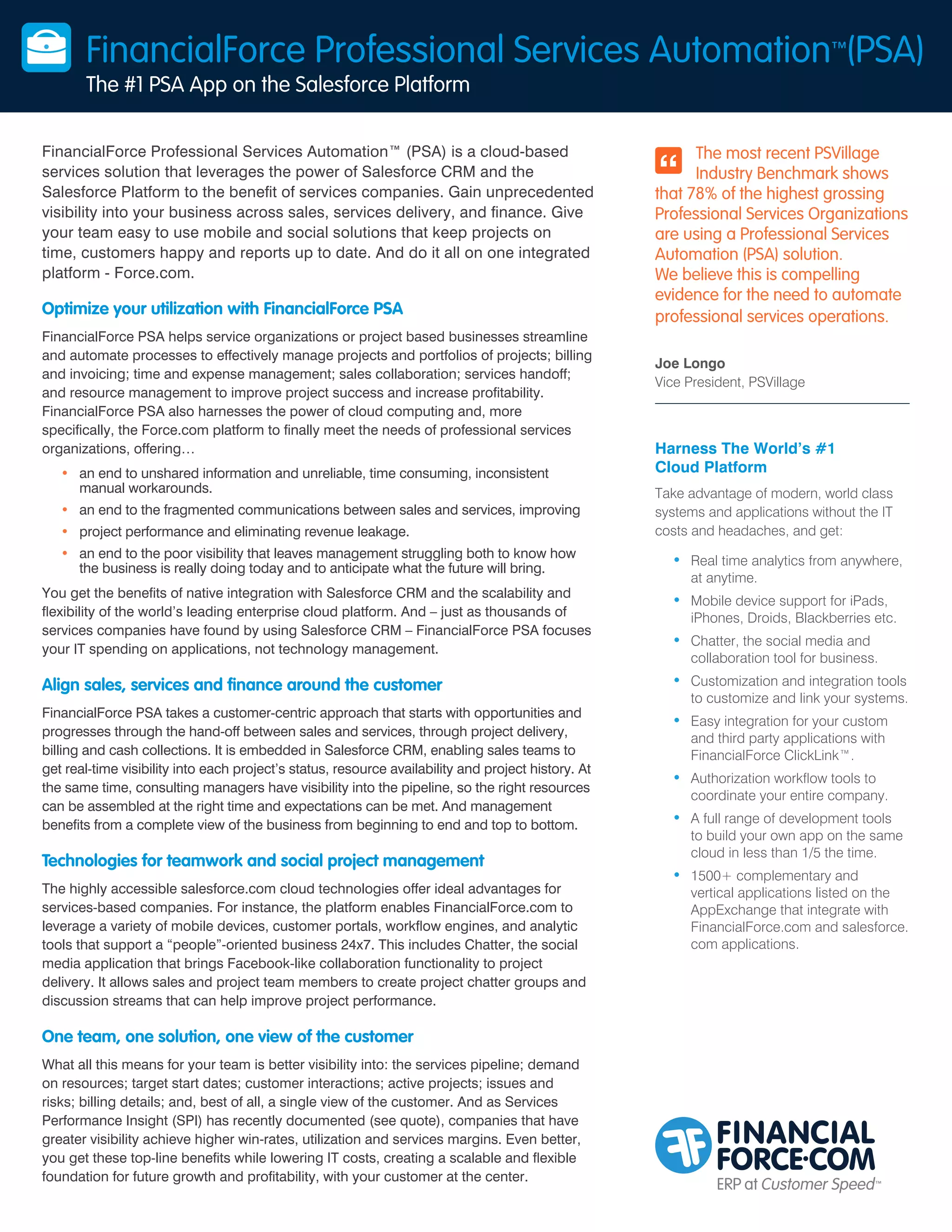 FinancialForce Professional Services Automation (PSA) Datasheet | PDF