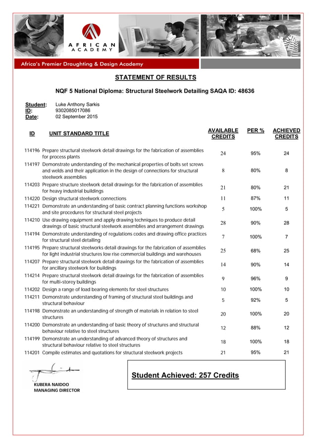 Statement Of Results - Structural Steelwork Detailing Diploma | PDF