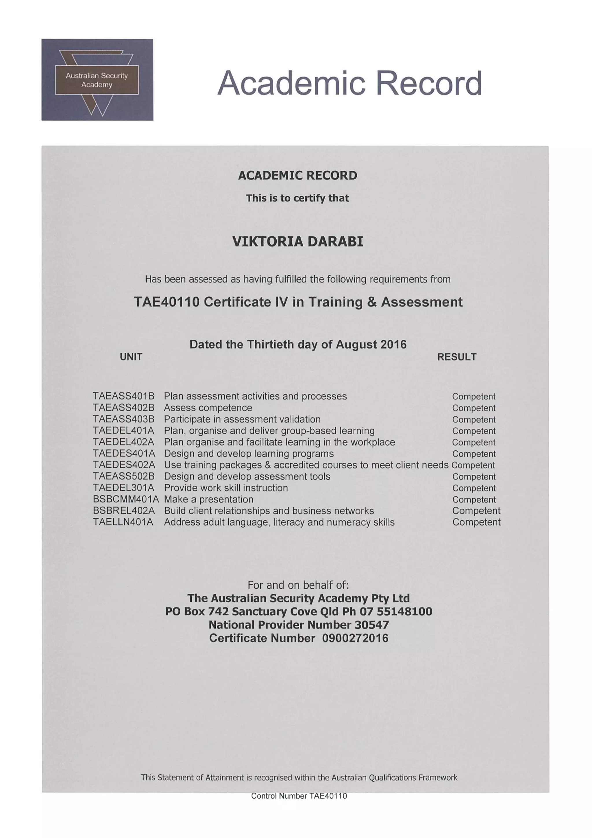 Cert IV TAE Qualification Certificate | PDF