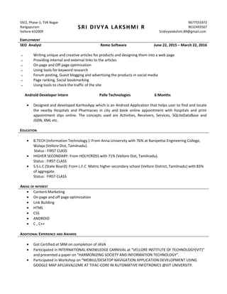 SRI DIVYA LAKSHMI R RESUME | PDF