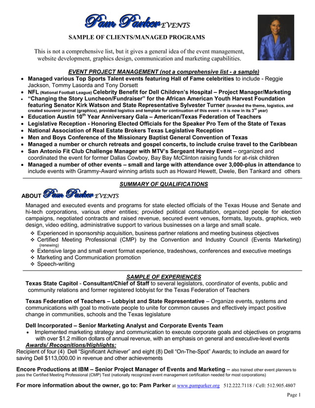 About Pam Parker Events | PDF