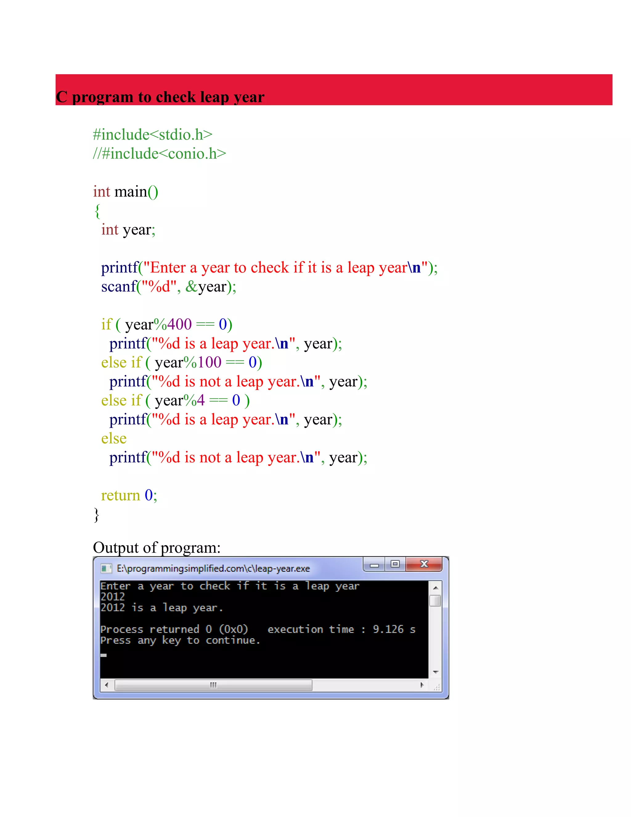 C program to check leap year | DOC