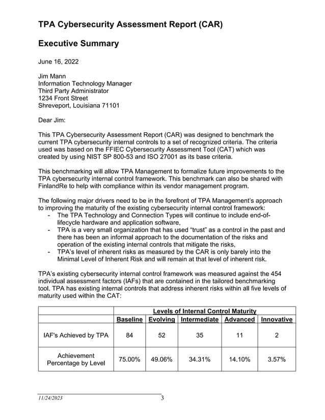 FFIEC Cybersecurity Assessment Report CAR Example .pdf | Financial ...
