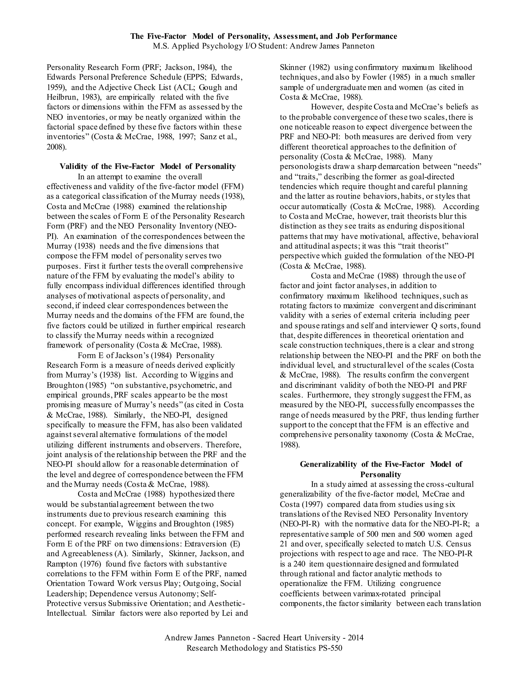 Five-Factor Model of Personality, Assessment, and Job Performance | DOCX
