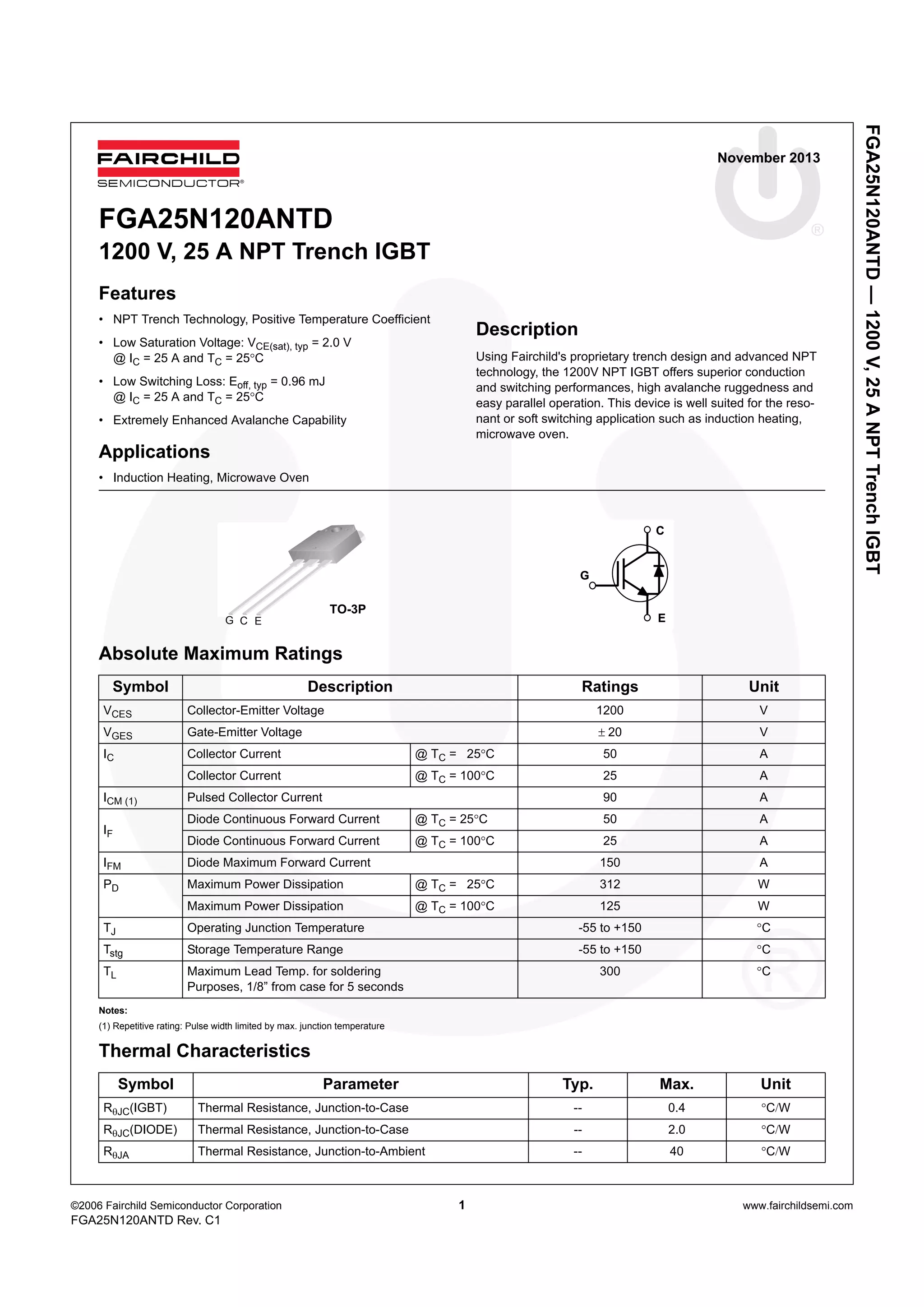 Original IGBT N-Channel FGA25N120 25N120 ANTD 25A 1200V New | PDF