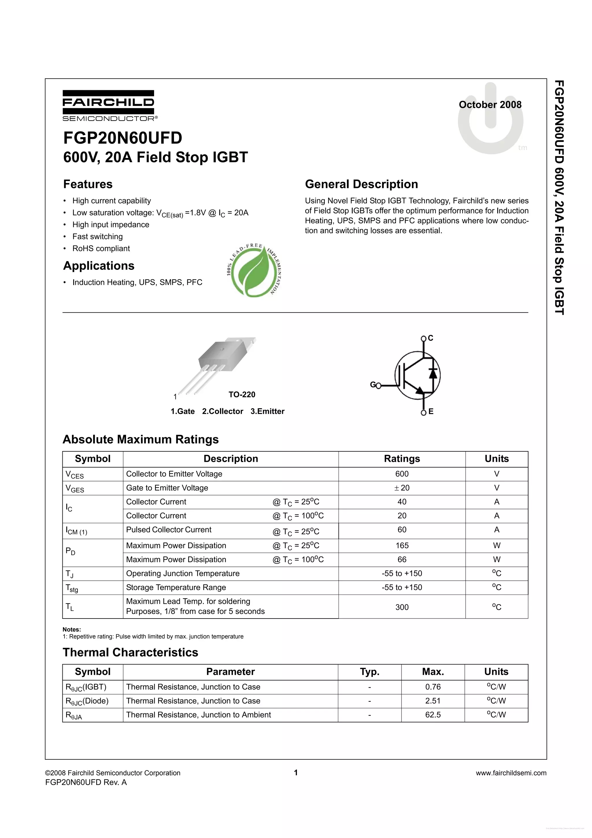 Original IGBT FGP20N60 20N60 FGP20N60UFD 20A 600V TO-220 New | PDF