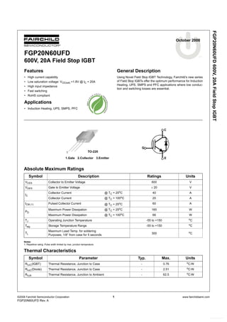 Original IGBT FGP20N60 20N60 FGP20N60UFD 20A 600V TO-220 New | PDF