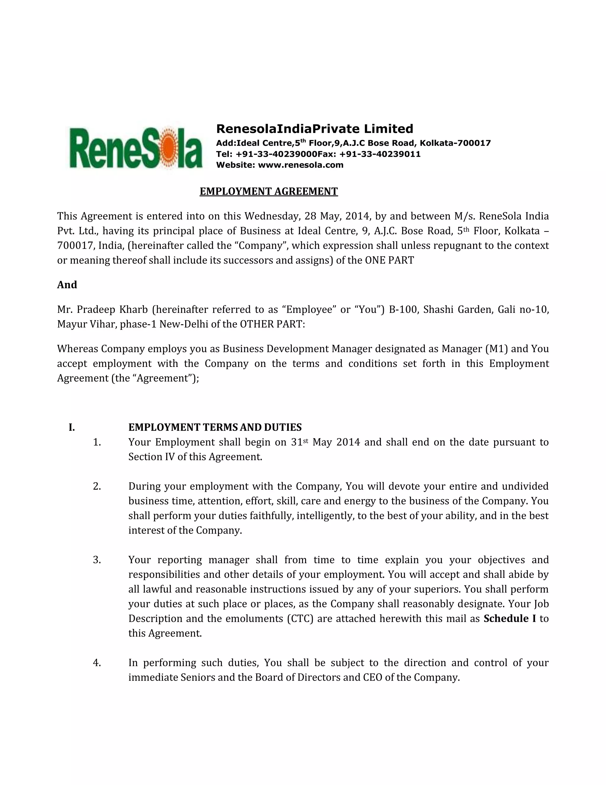 RENESOLA INDIA Employment agreement | PDF