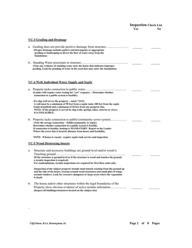FHA INSPECTION CHECK LIST (Prepared for use with FHA/HUD Handbook 4150. ...