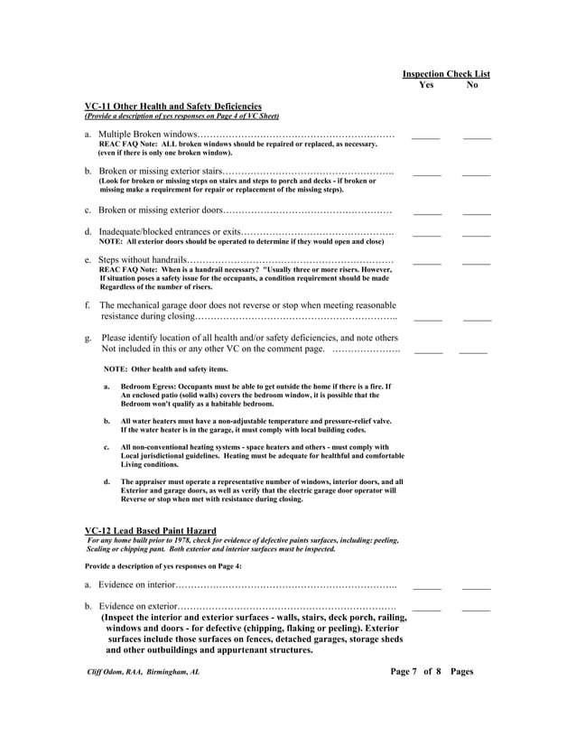 FHA INSPECTION CHECK LIST (Prepared for use with FHA/HUD Handbook 4150. ...