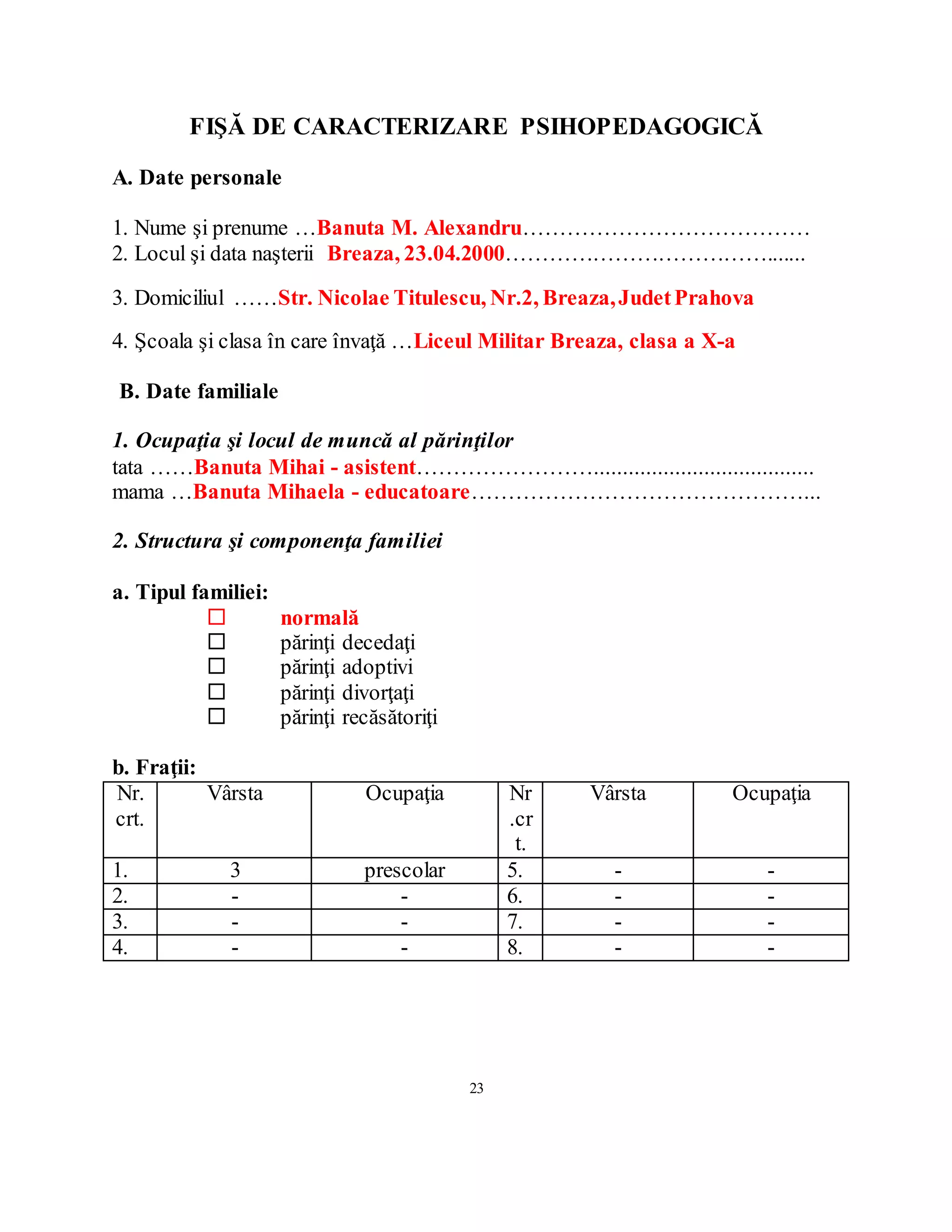 Fişă de-caracterizare-psihopedagogică, Pedagogie, Portofoliu, An 3 ...