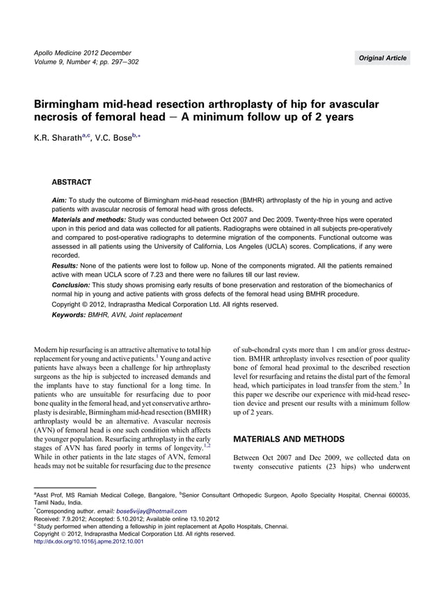 Birmingham mid-head resection arthroplasty of hip for avascular ...