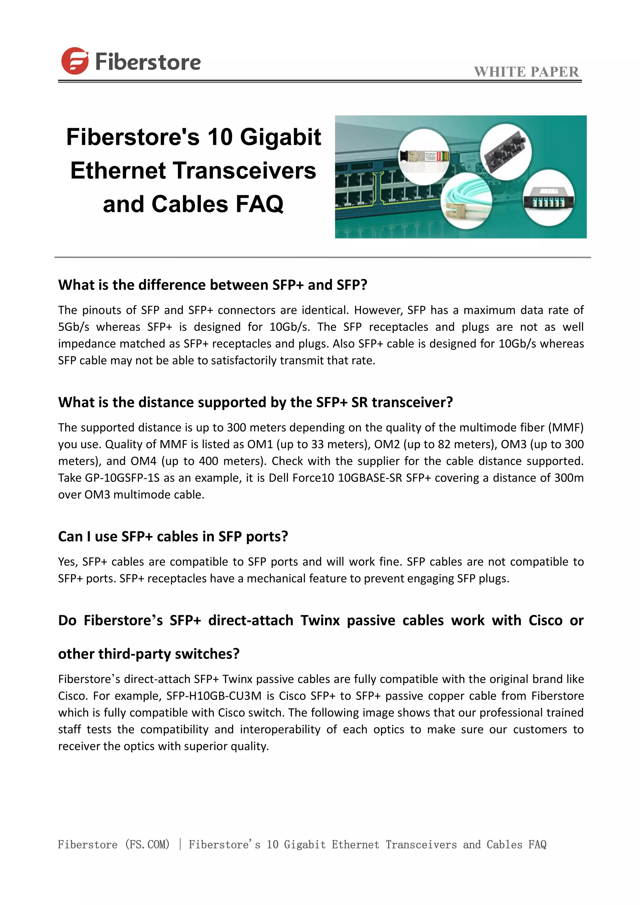 Fiberstore's 10 gigabit ethernet transceivers and cables faq | PDF