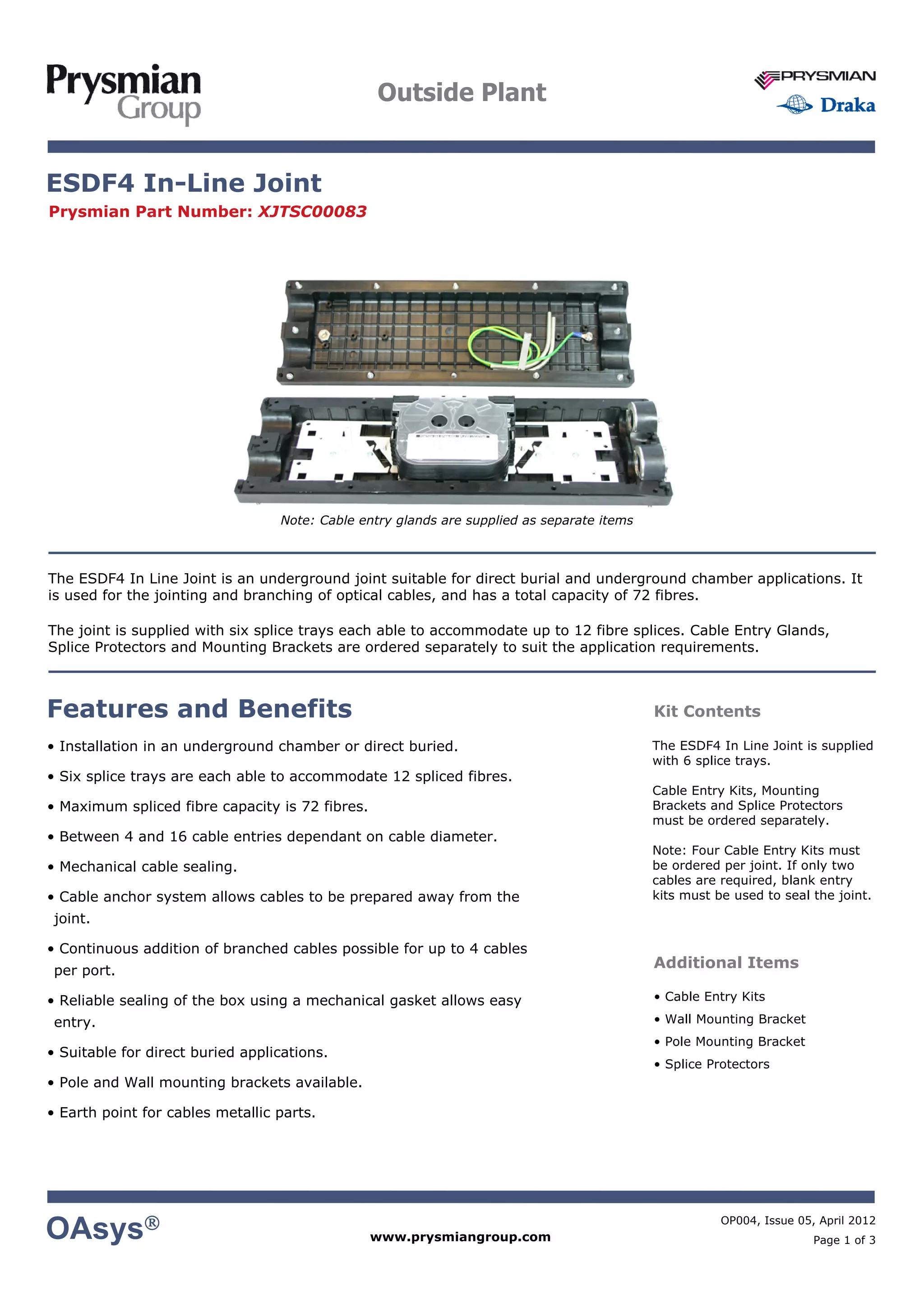 Prysmian ESDF4 In-Line Joint - Fibre Optic Cable Joints | PDF