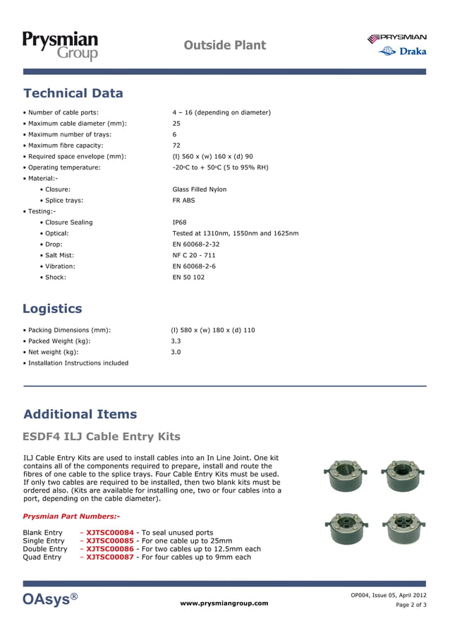 Prysmian ESDF4 In-Line Joint - Fibre Optic Cable Joints | PDF