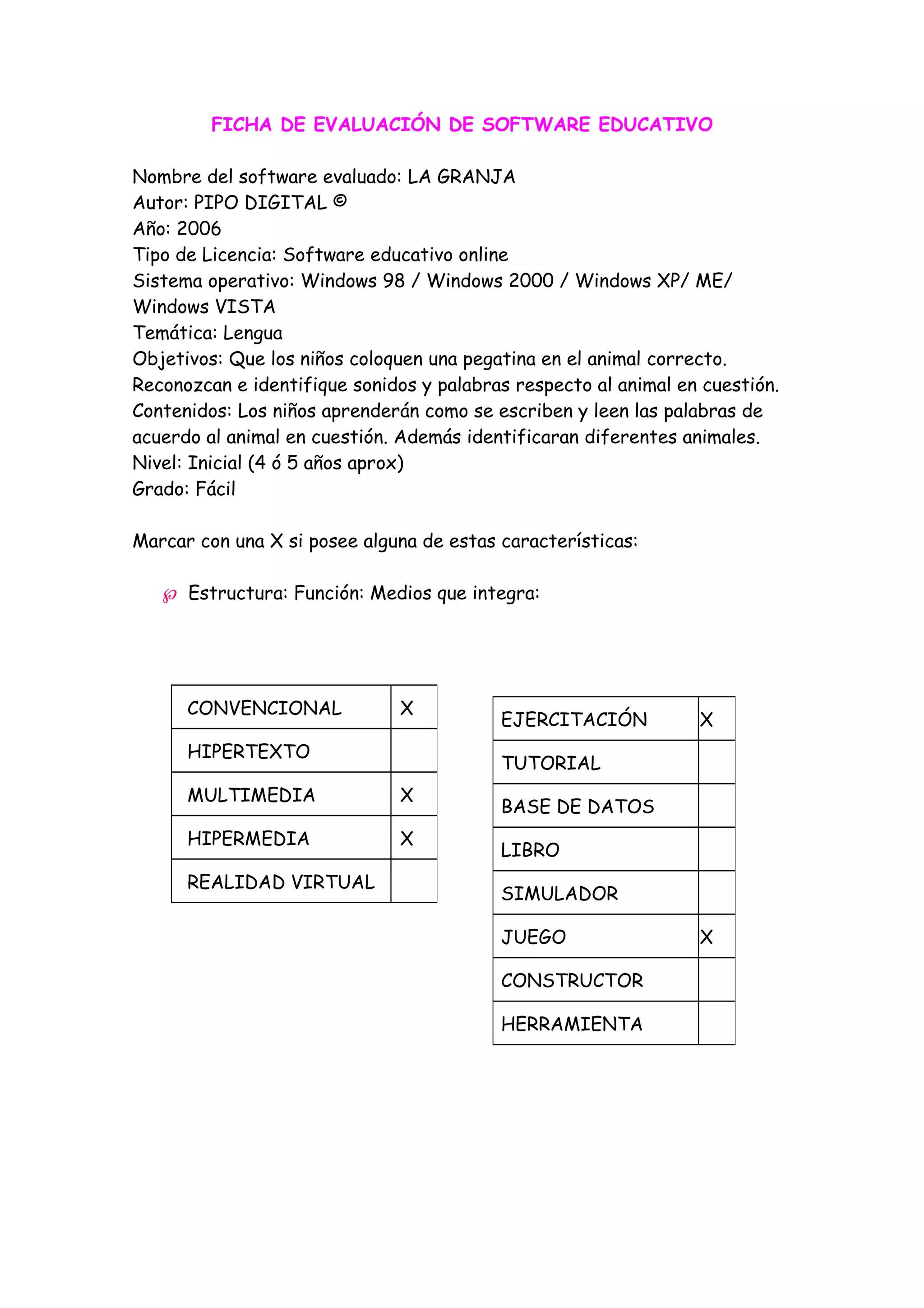 Ficha de evaluación de software educativo la granja | DOC