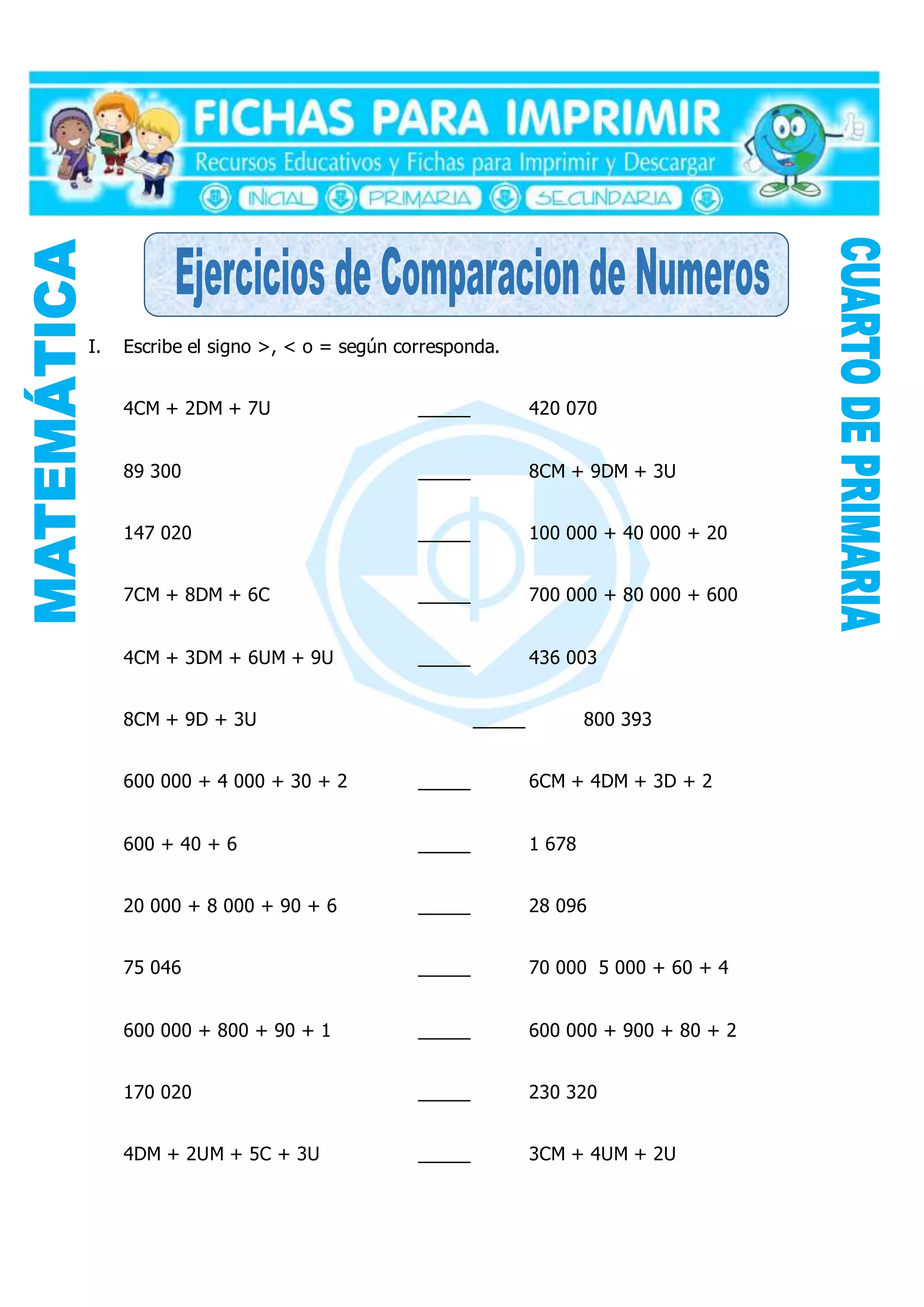 Hojas De Trabajo De Comparación De Números De Cuarto Grado
