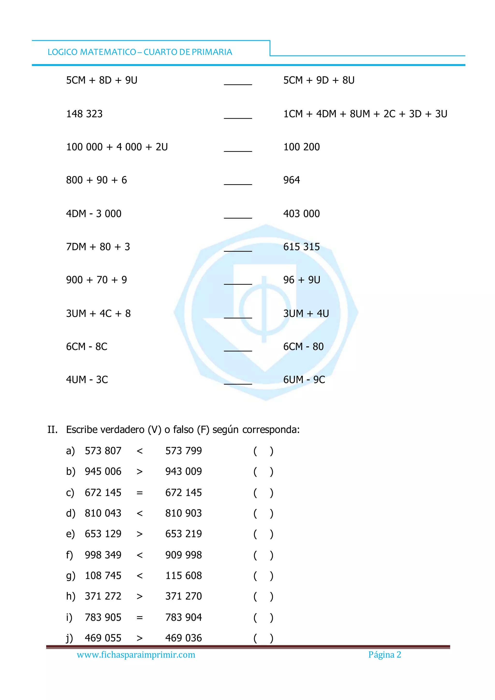 Hoja De Trabajo De Comparación De Números, Tercer Grado Comparación