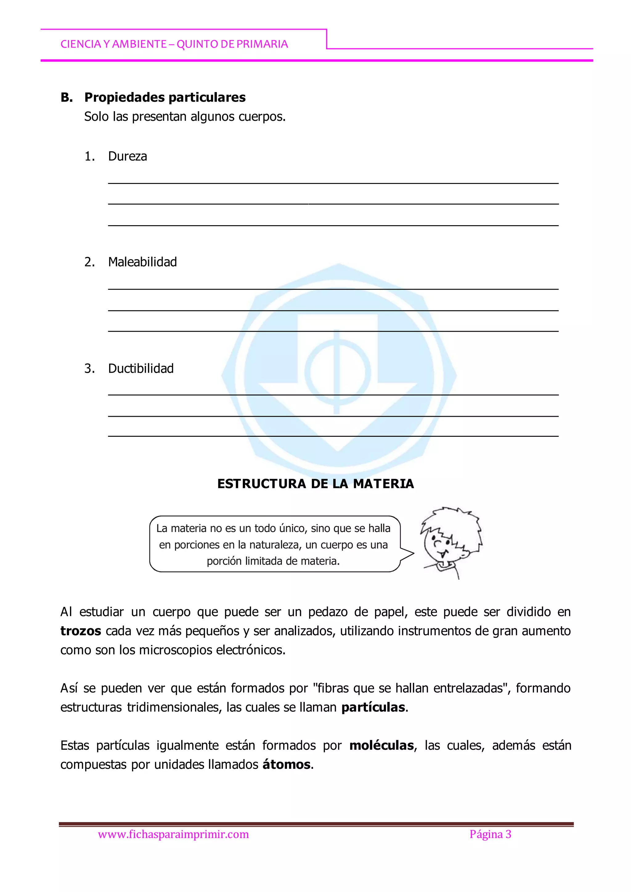 Hoja De Trabajo Sobre Las Propiedades De La Materia, Quinto Grado