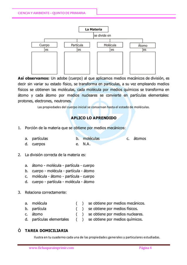 Hoja De Trabajo Sobre Las Propiedades De La Materia, Quinto Grado
