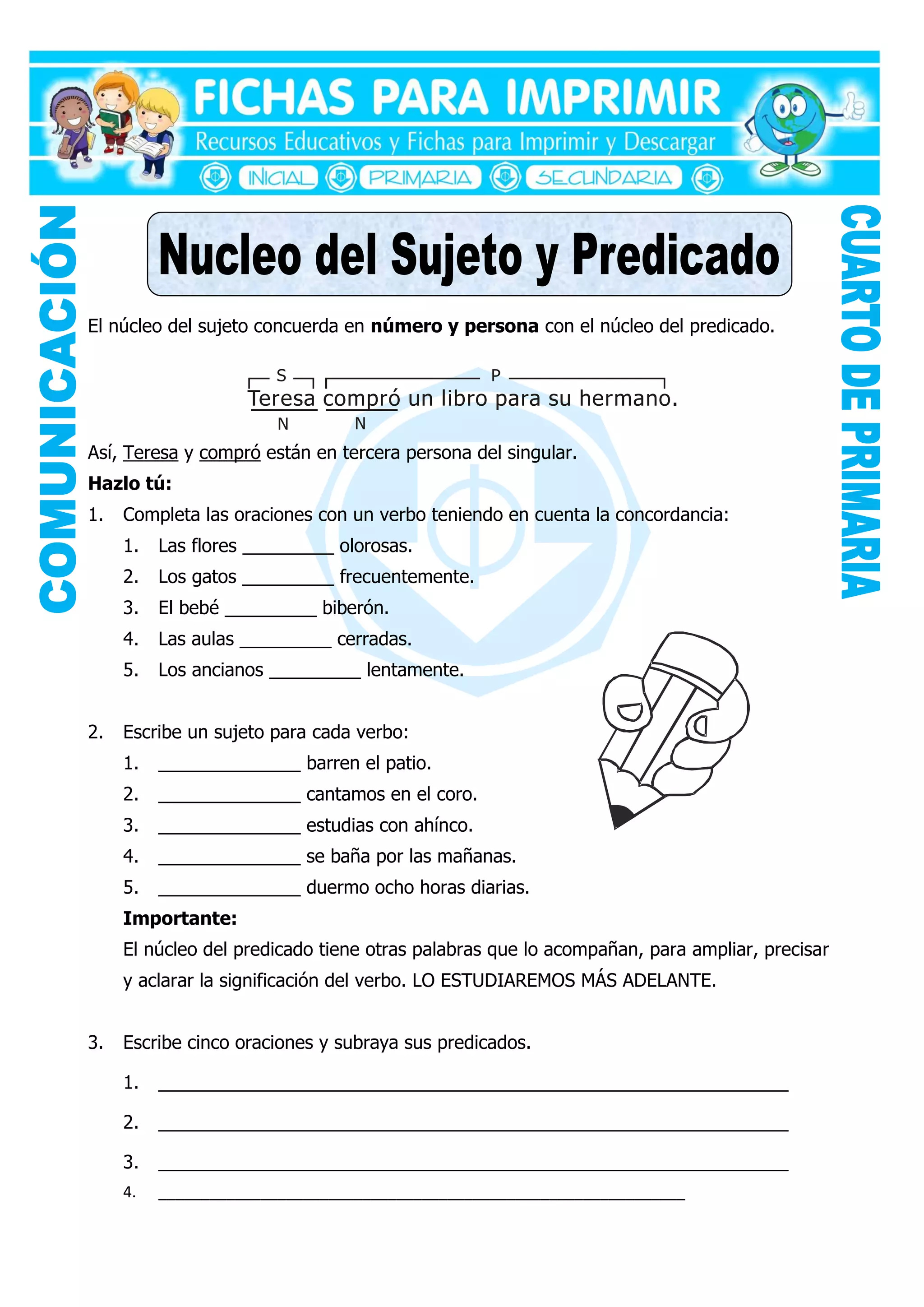 Hoja De Trabajo De Concordancia Entre Sujeto Y Verbo, Cuarto Grado