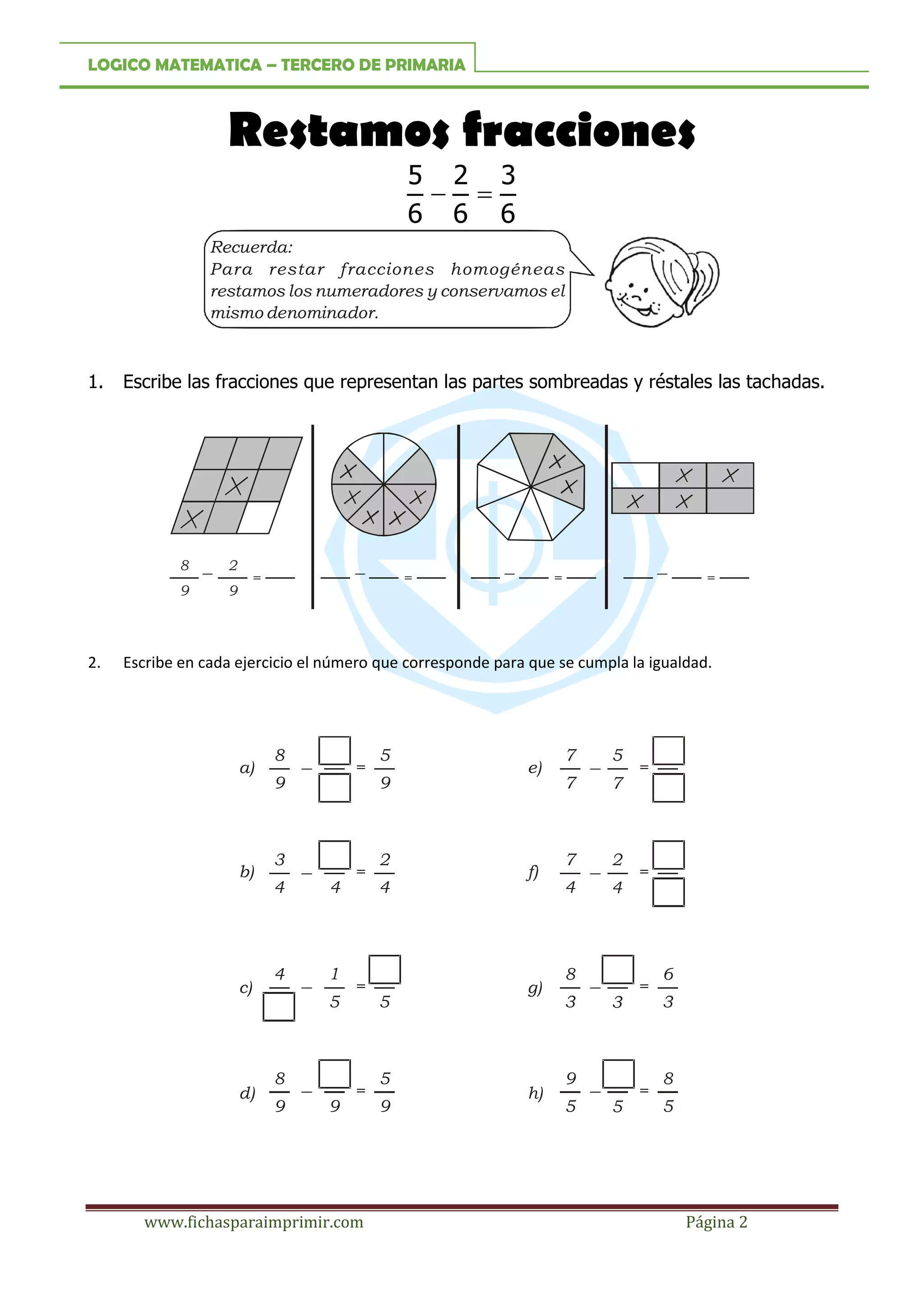 Ficha suma-y-resta-de-fracciones-homogeneas-para-tercero-de-primaria | PDF