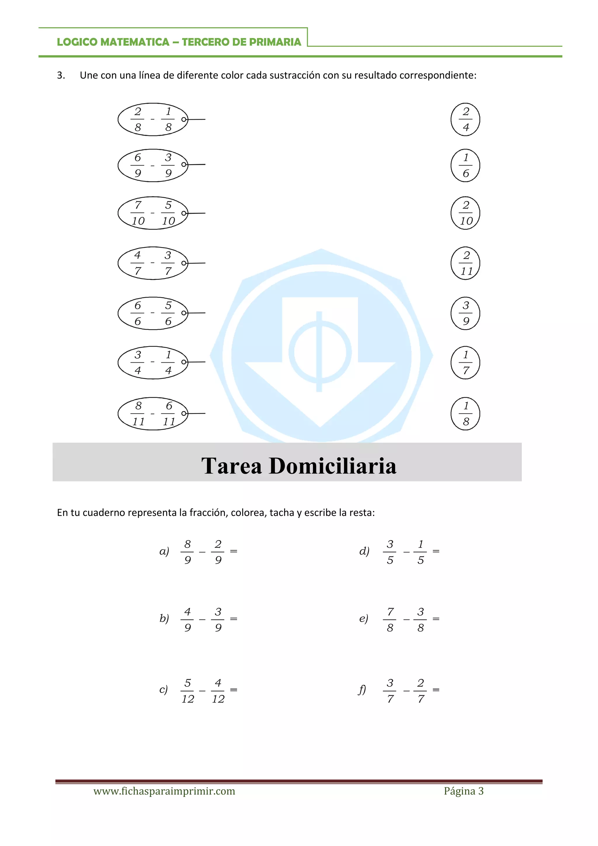 Ficha suma-y-resta-de-fracciones-homogeneas-para-tercero-de-primaria | PDF