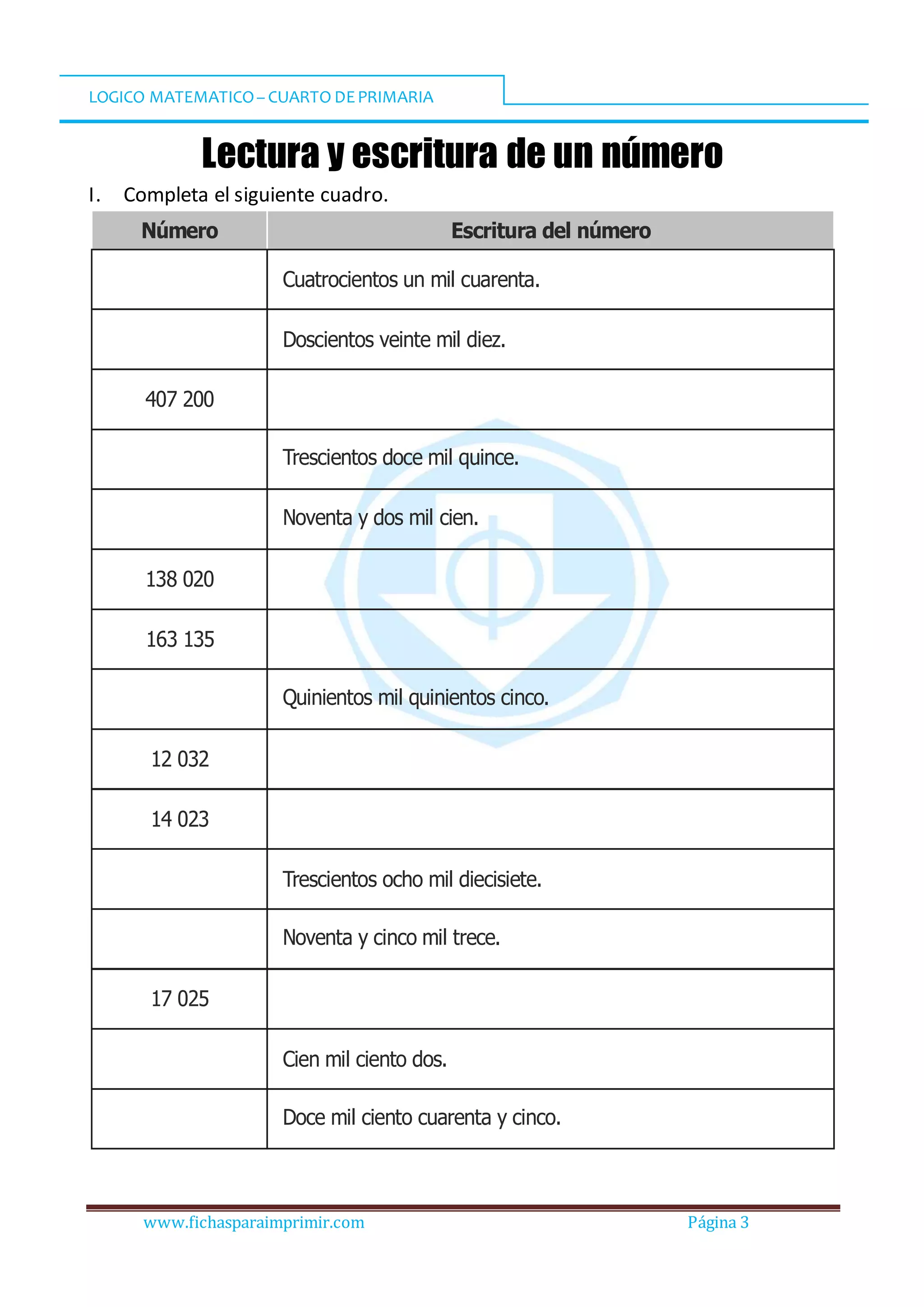 Hojas De Trabajo De Valor Posicional De Cuarto Grado Gratis Tabla De