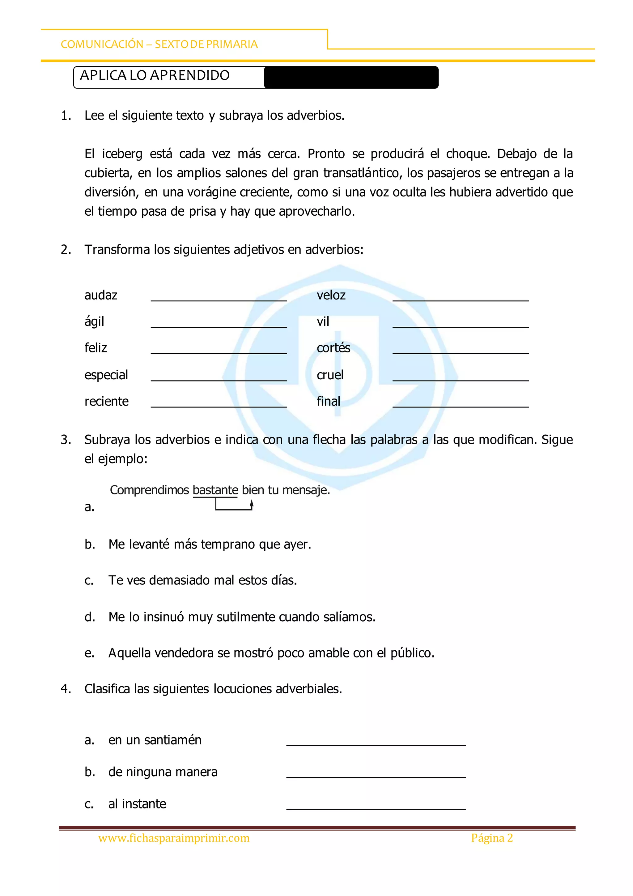 Ficha Tipos De Adverbios Para Sexto De Primaria Pdf