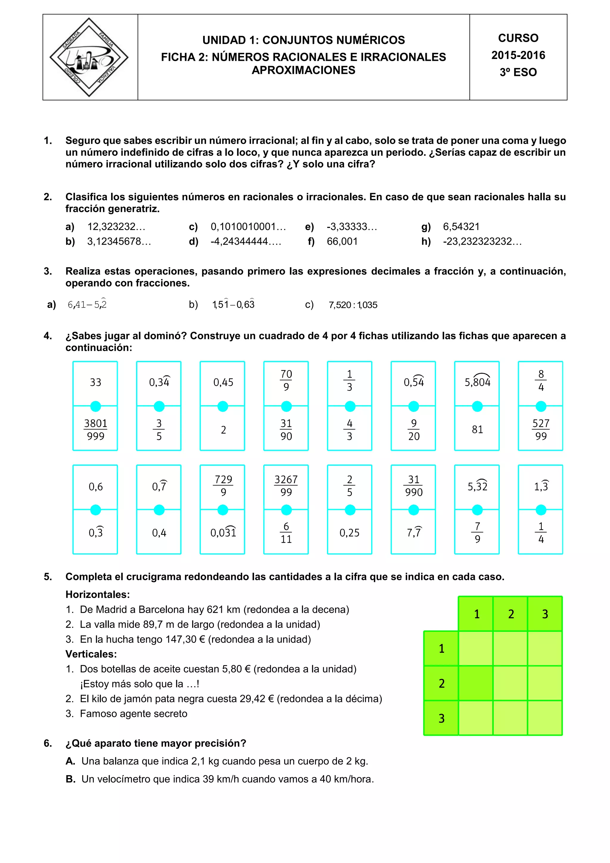 Ficha 2 números racionales e irracionales. aproximaciones | PDF