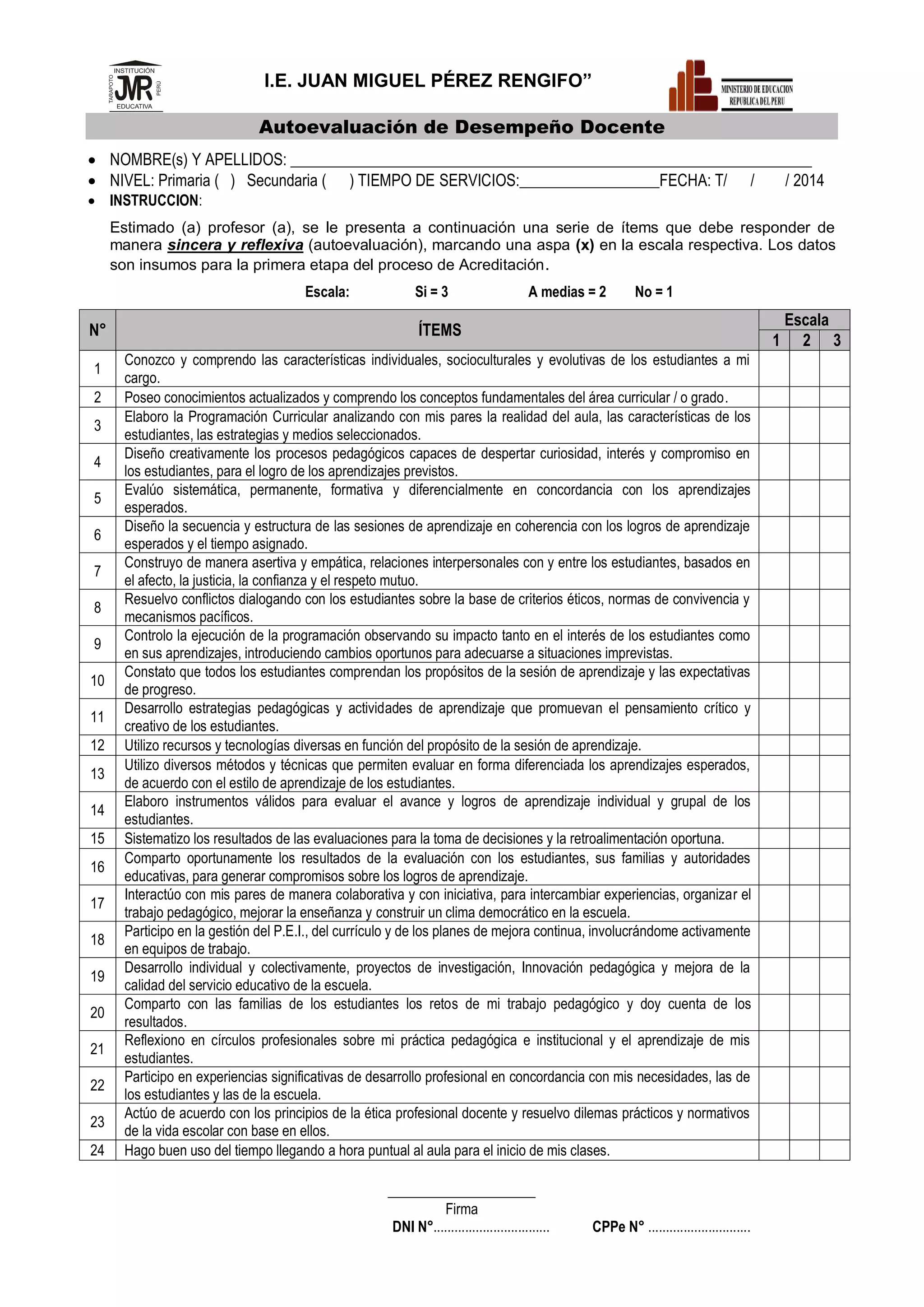 Ficha autoevaluación docente- jmpr | PDF